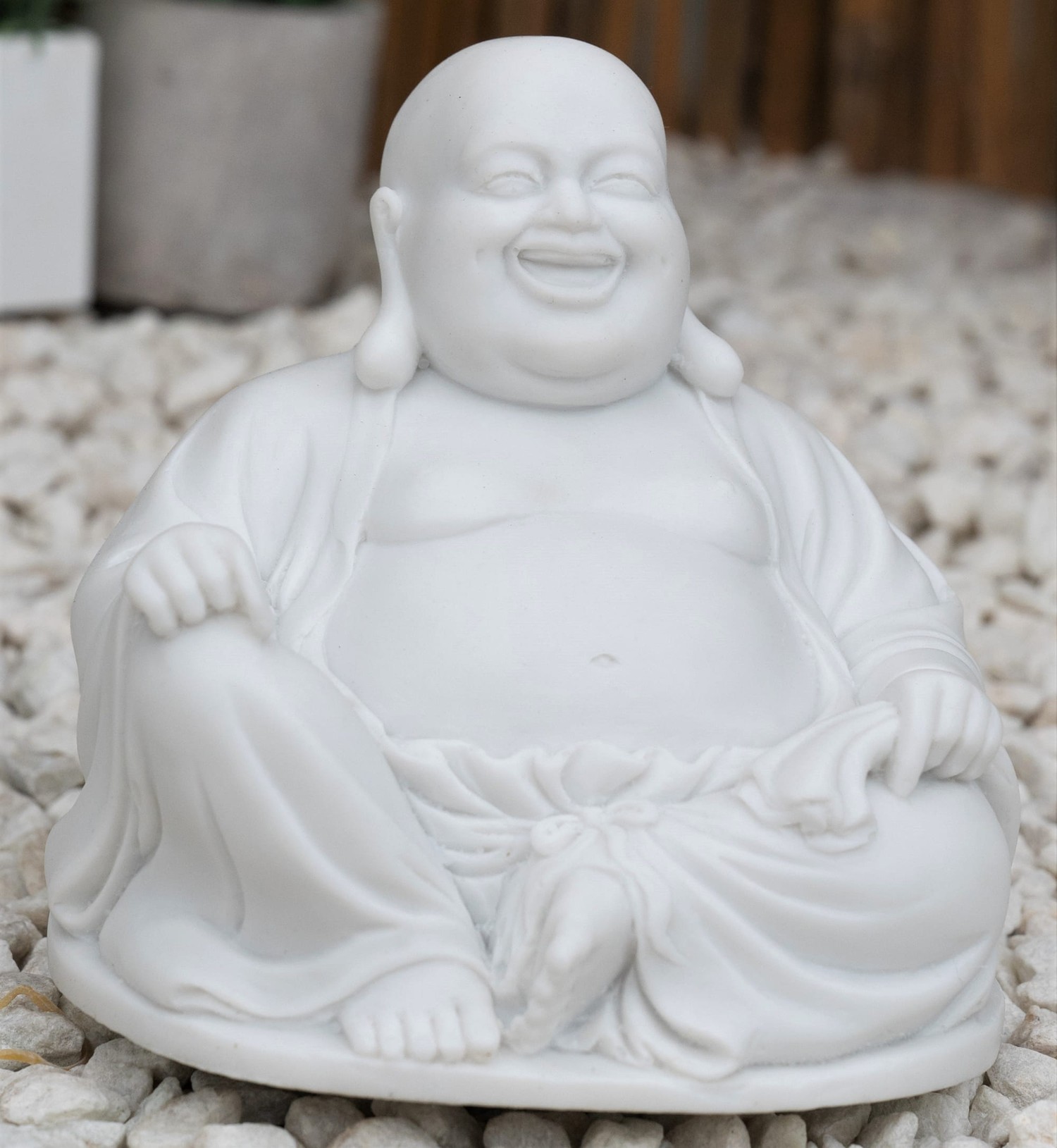 Small Laughing Buddha Garden Statue in White