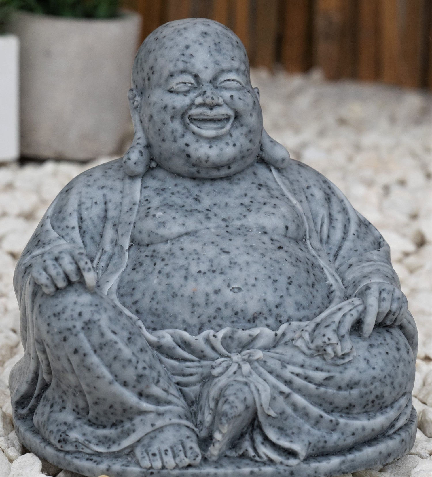 Small Laughing Buddha Garden Statue in Grey
