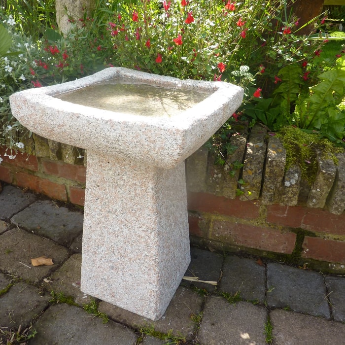 Tall Square Pink Granite Bird Bath | Garden Ornaments
