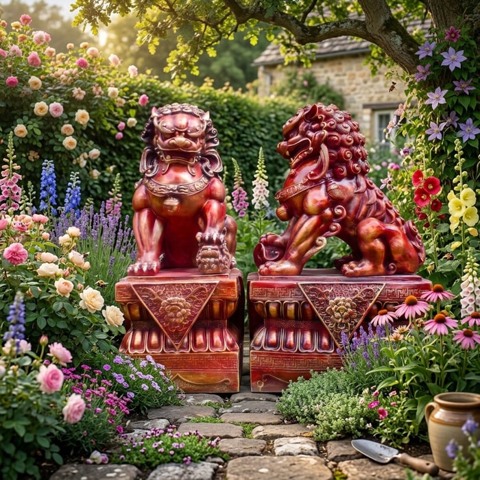 Temple Dog Garden Ornaments in Red | Garden Ornaments