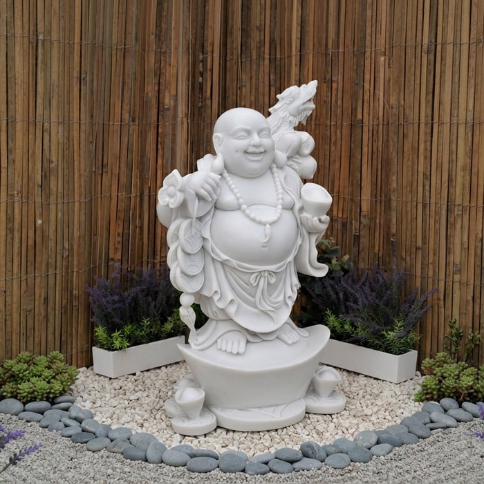 Wealthy Standing Buddha Garden Statue in White